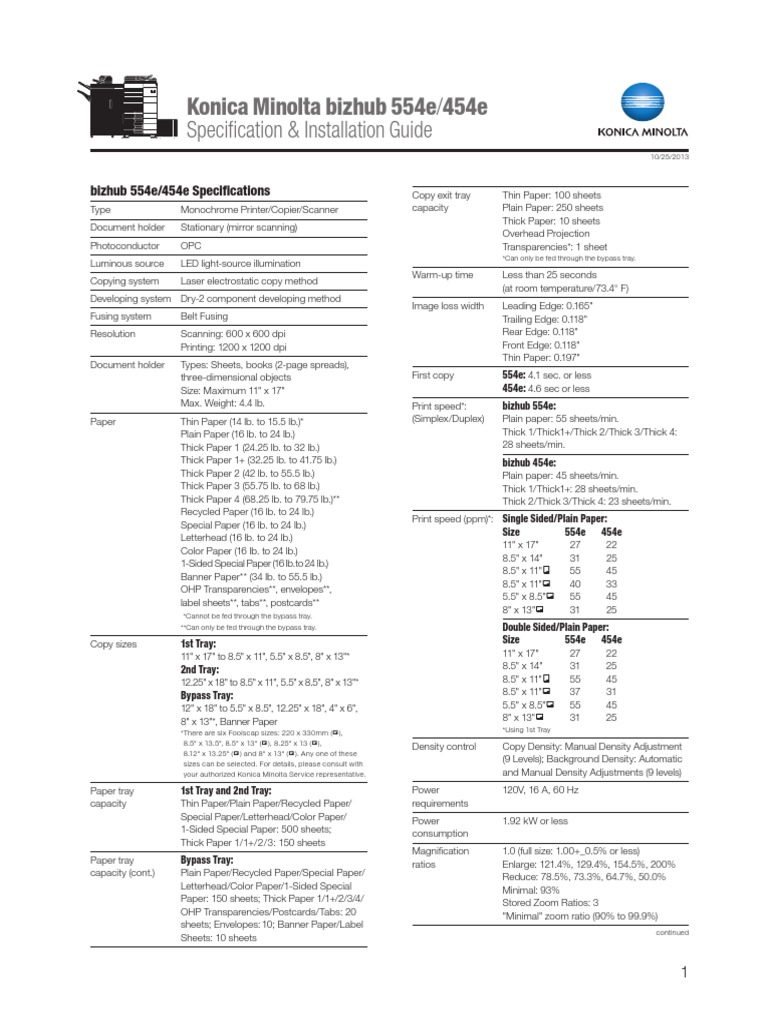 Konica Minolta Bizhub 554e 454e Spec and Install Guide | PDF | Fax | Paper