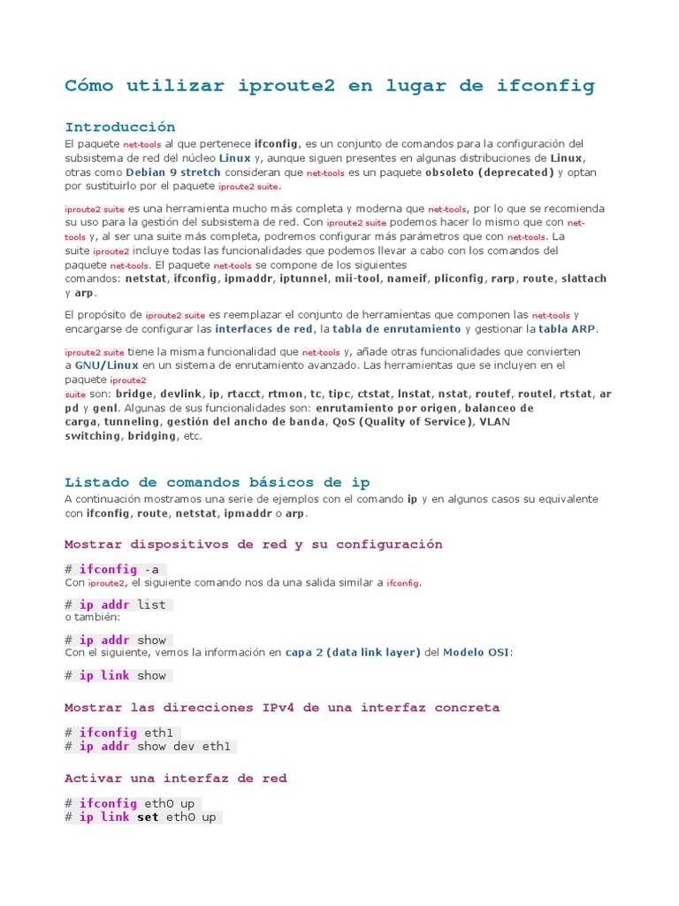 Cómo Utilizar Iproute2 en Lugar de Ifconfig | PDF | Dirección IP | Protocolos de internet