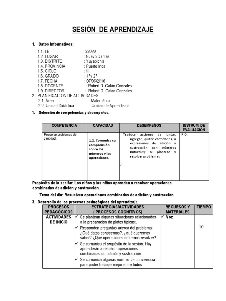 Sesión de Aprendizaje de Matem Tica 2018 | PDF | Sustracción | Aprendizaje