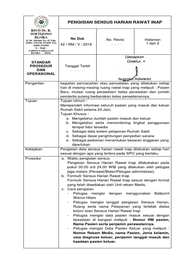 Spo Pengisian Sensus Harian Rawat Inap | PDF