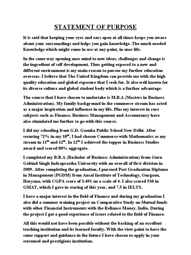 Statement of Purpose | PDF | Master Of Business Administration | Change