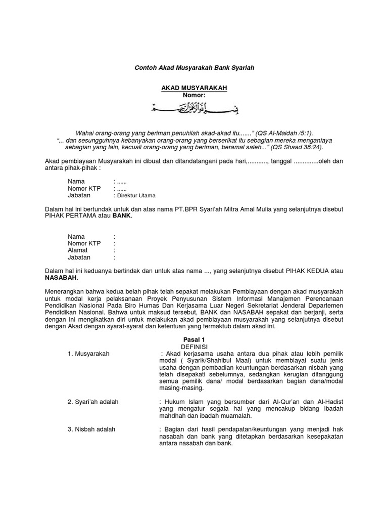 Contoh Akad Musyarakah Syariah | PDF