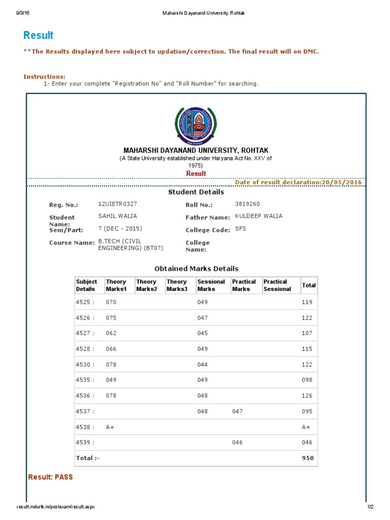 Result: Maharshi Dayanand University, Rohtak | PDF