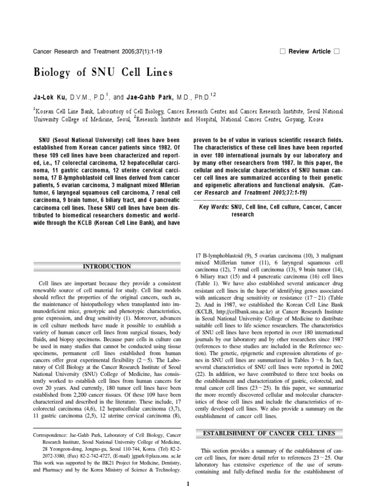 Biology of SNU Cell Lines | PDF | Carcinoma | Cancer