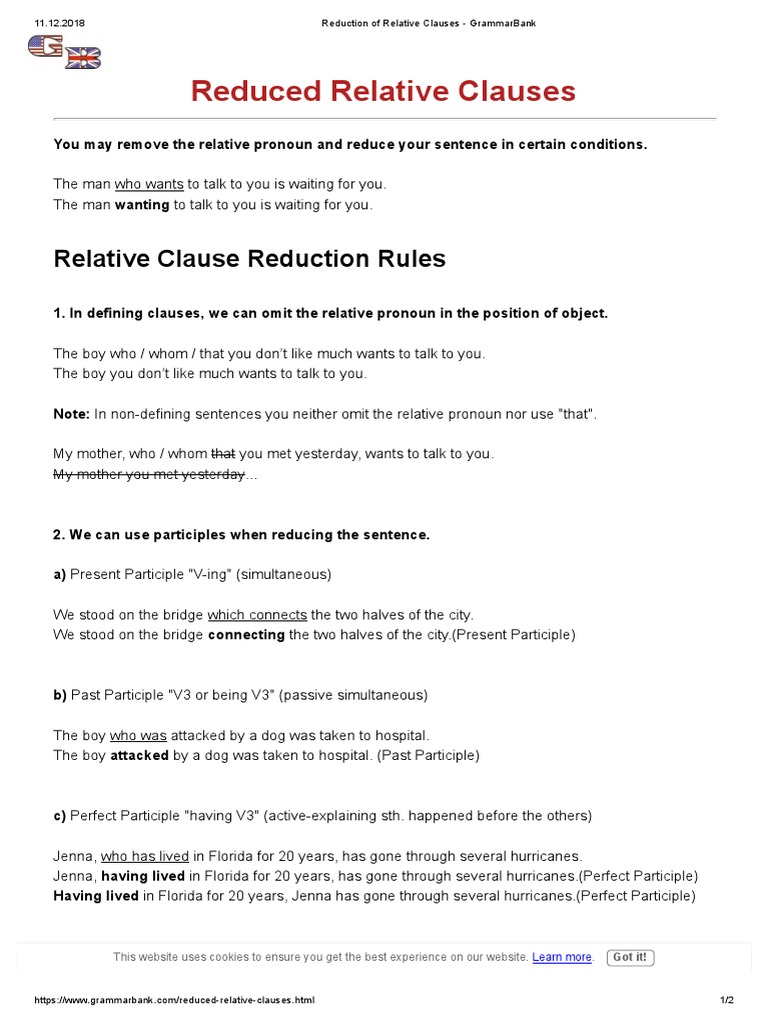 Reduction of Relative Clauses - GrammarBank | PDF | Linguistic ...