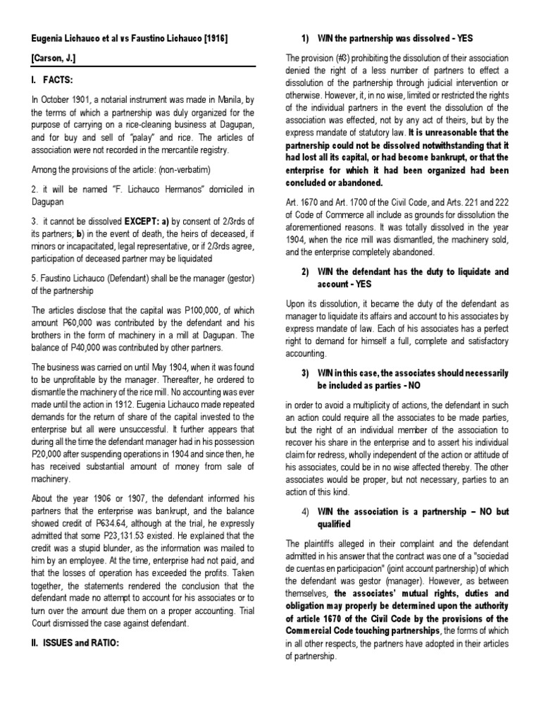 Lichauco Vs Lichauco (Masiglat) | PDF | Partnership | General Partnership
