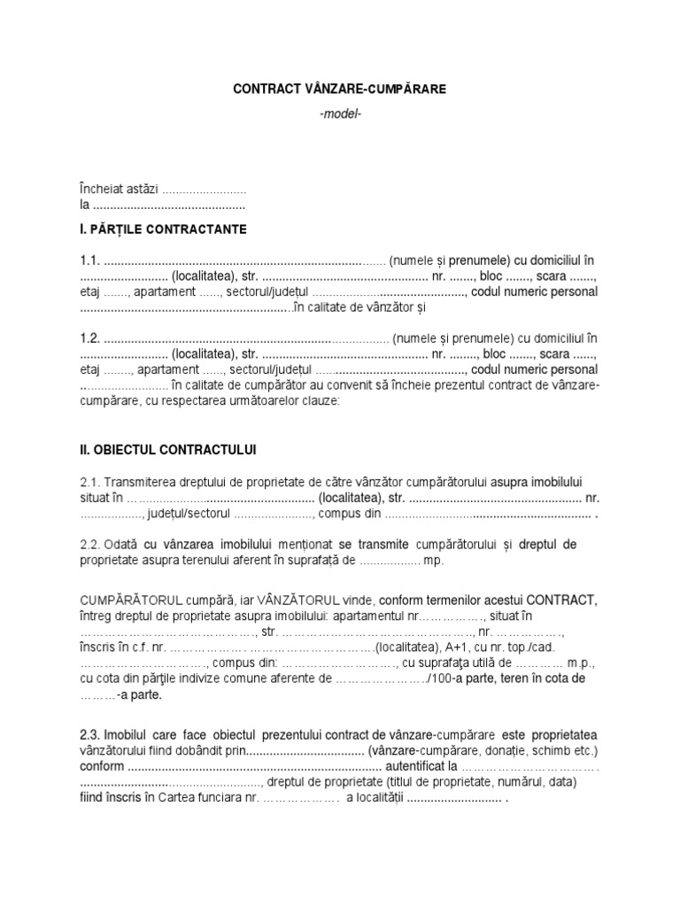 Model Contract Vânzare Cumpărare | PDF