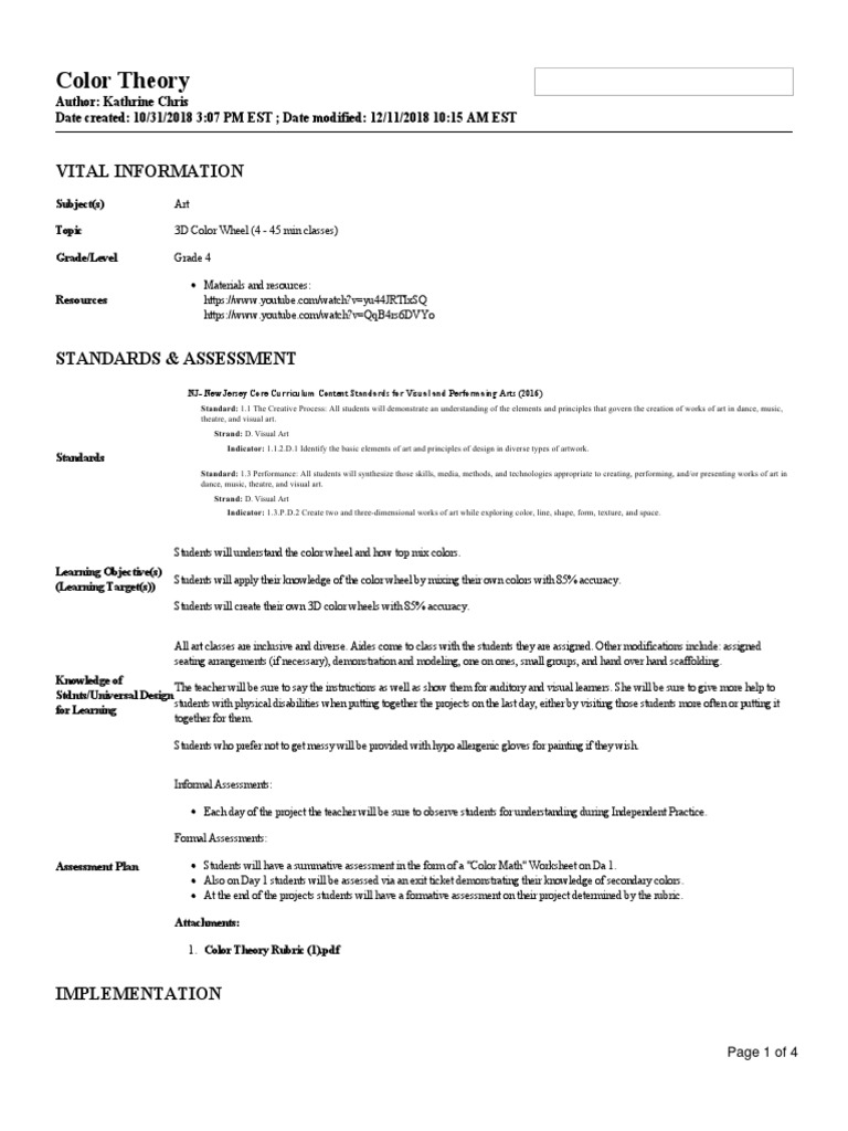 Color Theory Lesson Plan | PDF | Pedagogy | Learning