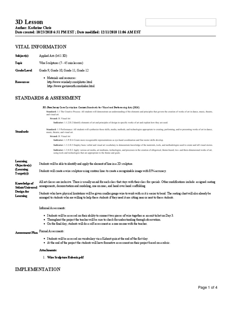 High School Wire Sculpture Lesson | PDF | Teachers | Drawing