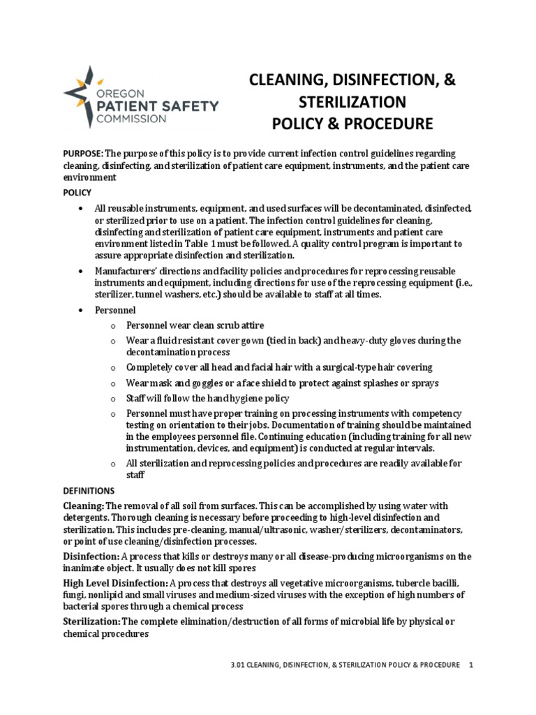Guidelines for Ensuring Proper Cleaning, Disinfection, and ...