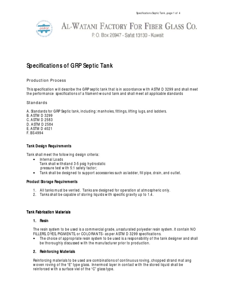 GRP Septic Tank Specifications Guide | PDF | Fiberglass | Septic Tank