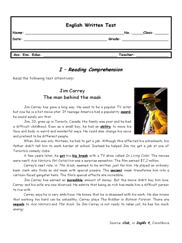 English Written Test: Jim Carrey The Man Behind The Mask | PDF | Leisure