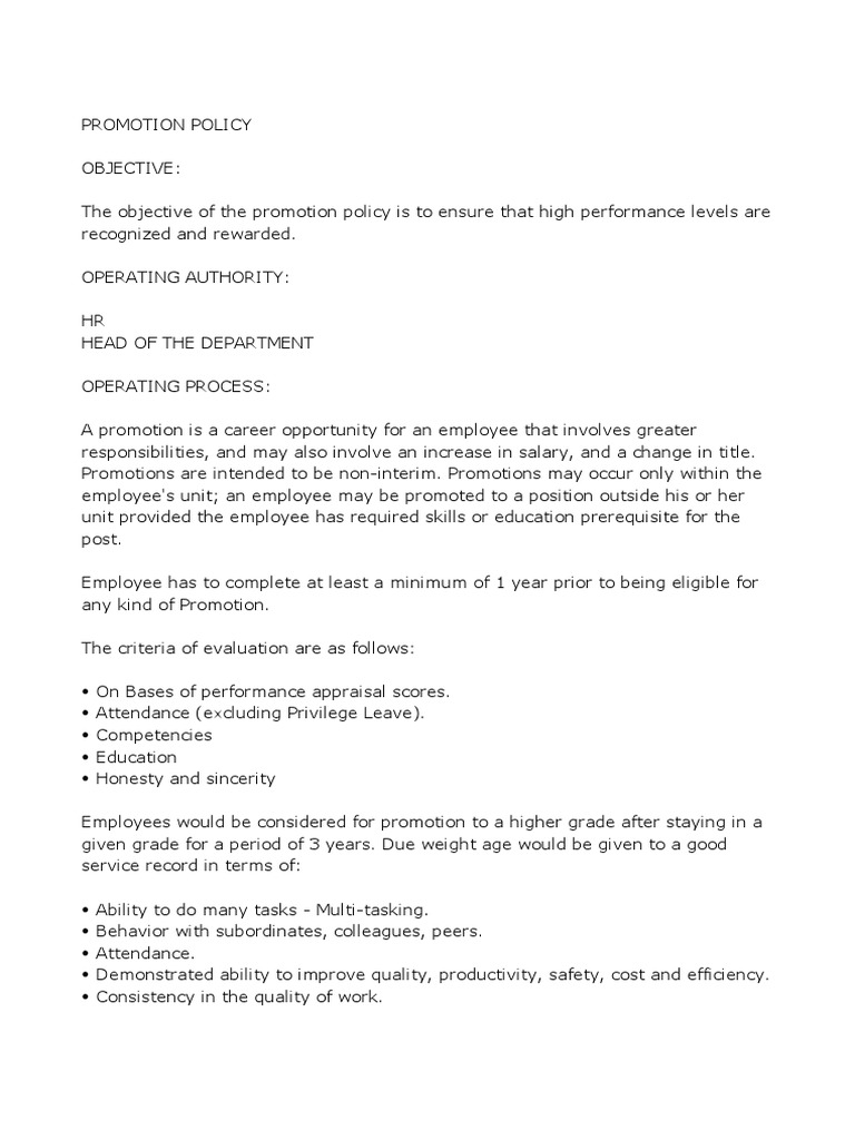 Promotion Policy Generic | PDF | Employment | Performance Appraisal