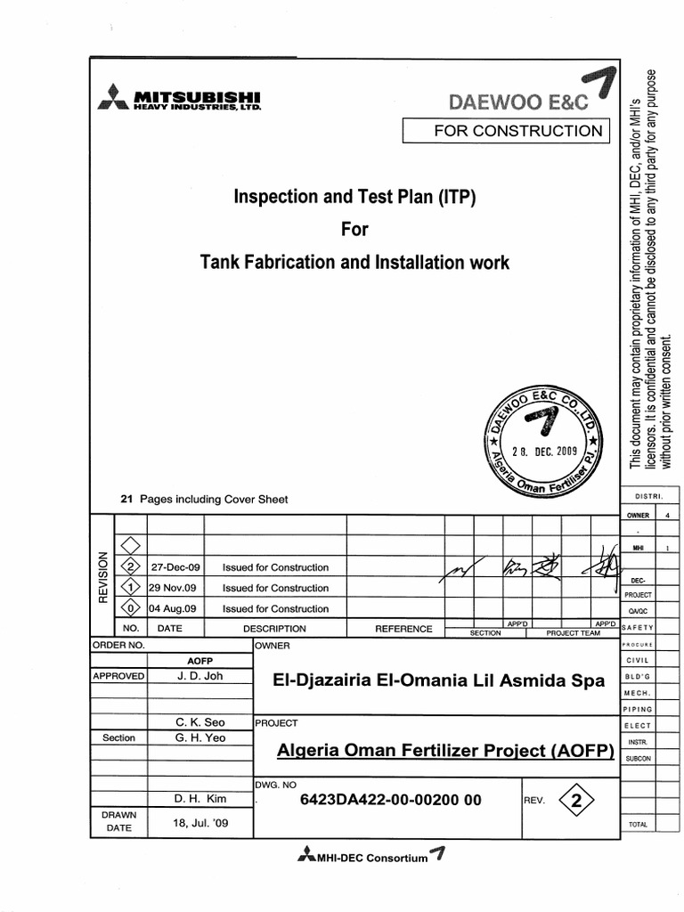 Itp For Tank Fabrication Installation Work1 Rev02 PDF | PDF | Welding ...