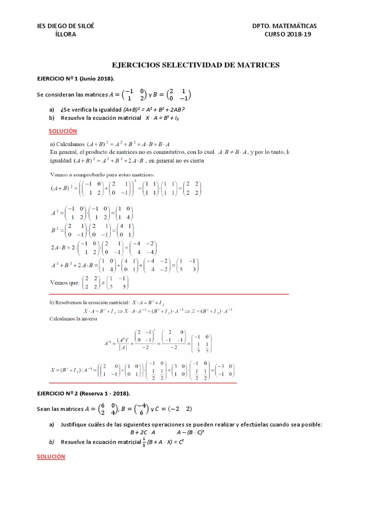 Ejercicios Selectividad de Matrices-Sol | PDF | Matriz (Matemáticas) | Álgebra lineal
