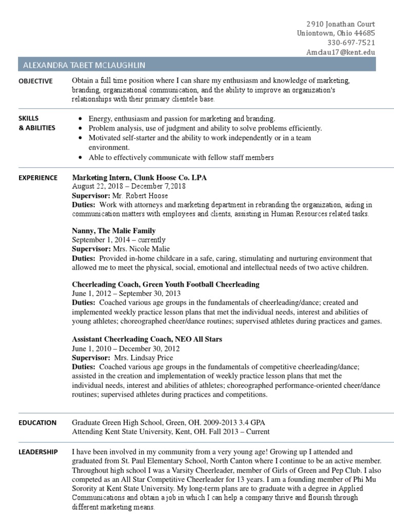 Alexandra Mclaughlin Resume 1 | PDF | Cheerleading | Child Care