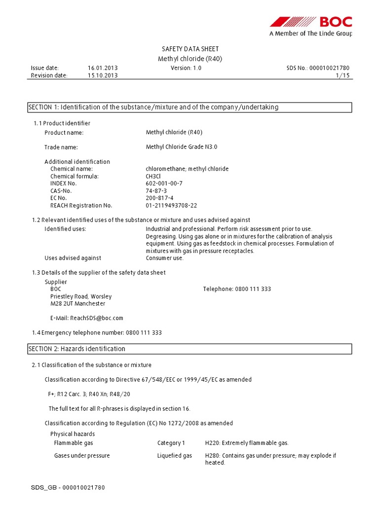 MSDS Methyl Chloride (BOC) | PDF | Toxicity | Personal Protective Equipment