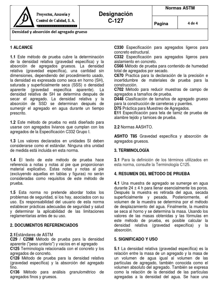 ASTM C-127 Densidad y Absorción Del Agregado Grueso | PDF | Densidad | Masa