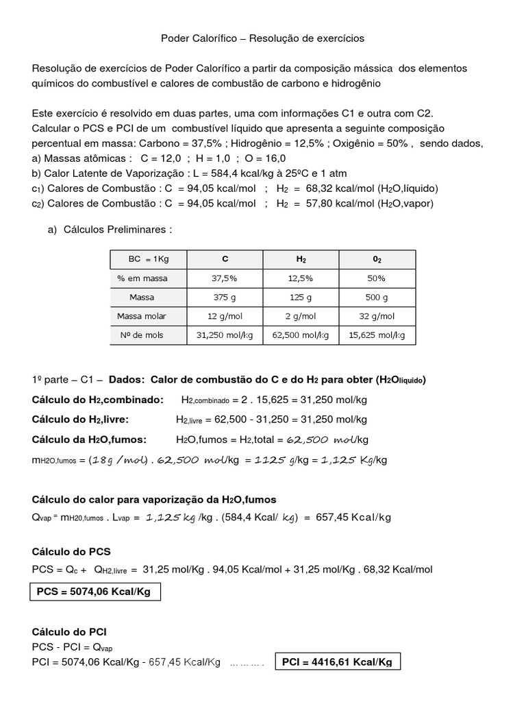 Cálculo do Poder Calorífico Superior e Inferior de um Combustível a ...