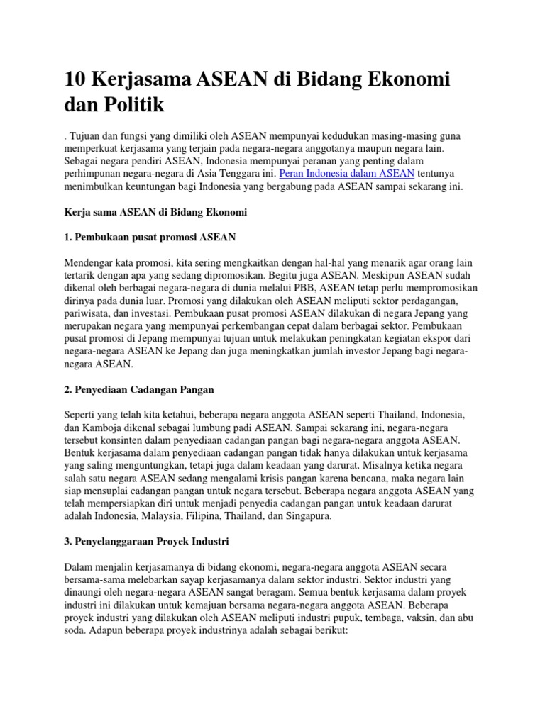 10 Kerjasama ASEAN Di Bidang Ekonomi Dan Politik | PDF