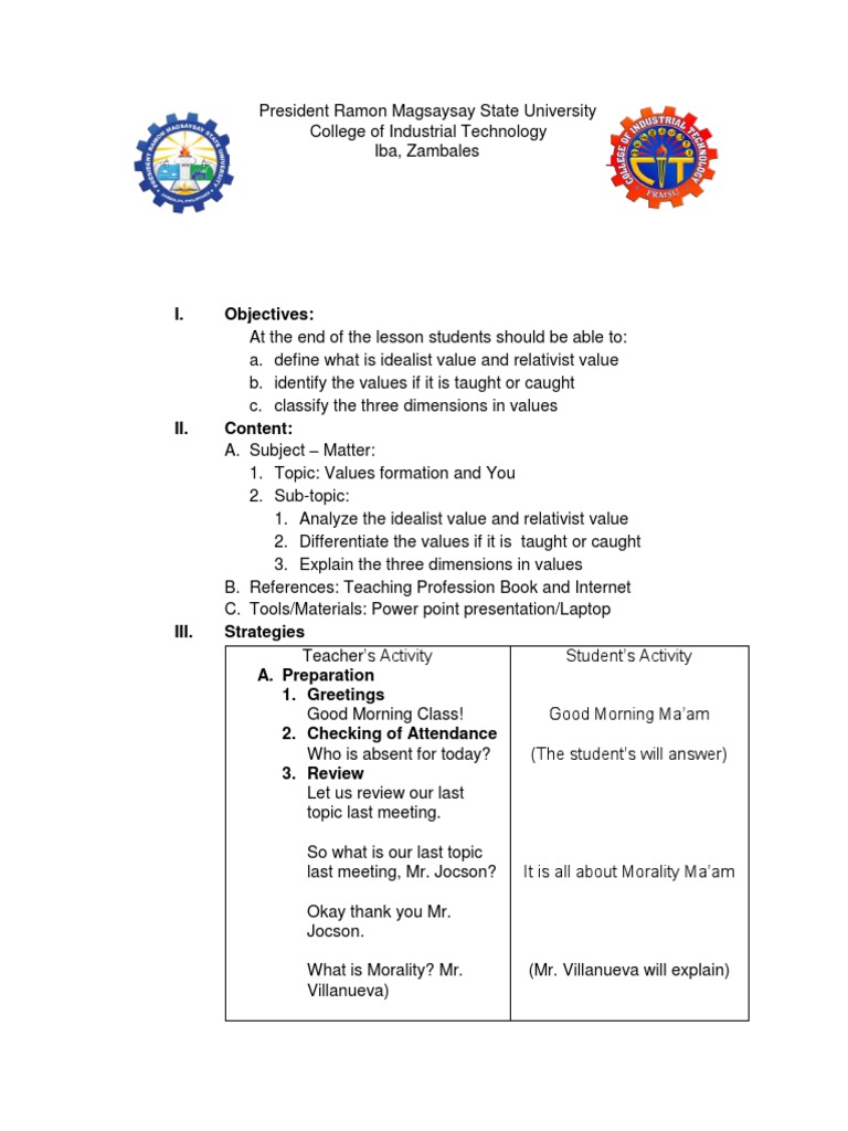 Lesson Plan on Values Formation | PDF | Idealism | Lesson Plan