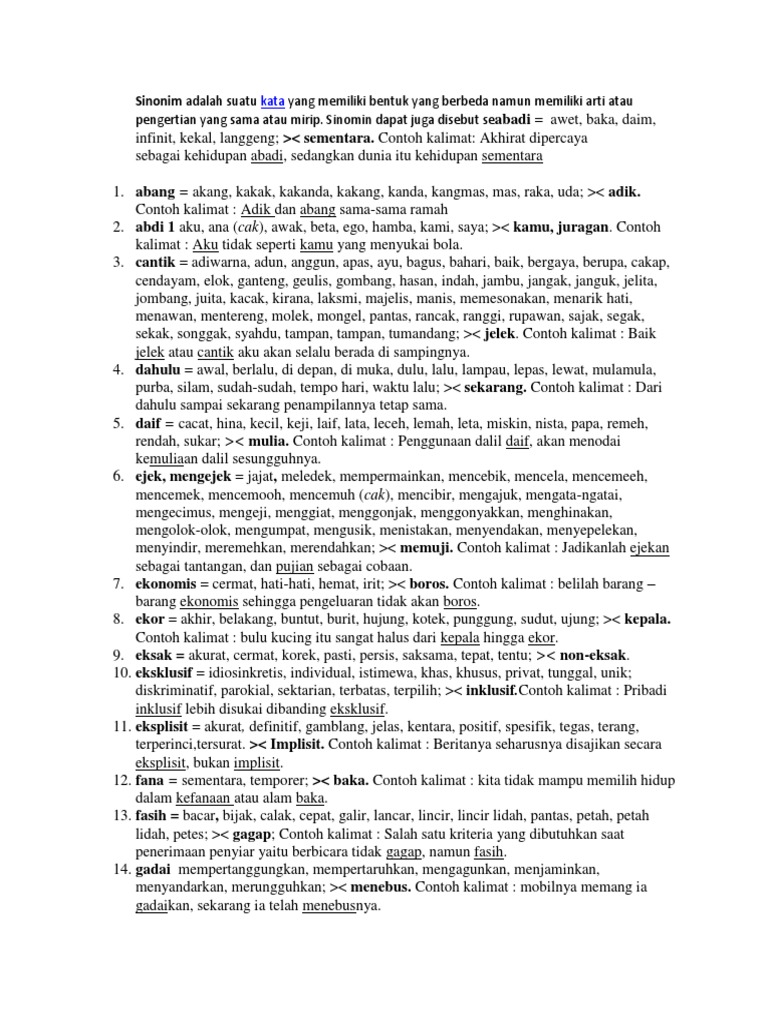 Sinonim Adalah Suatu Kata Yang Memiliki Bentuk Yang Berbeda Namun ...