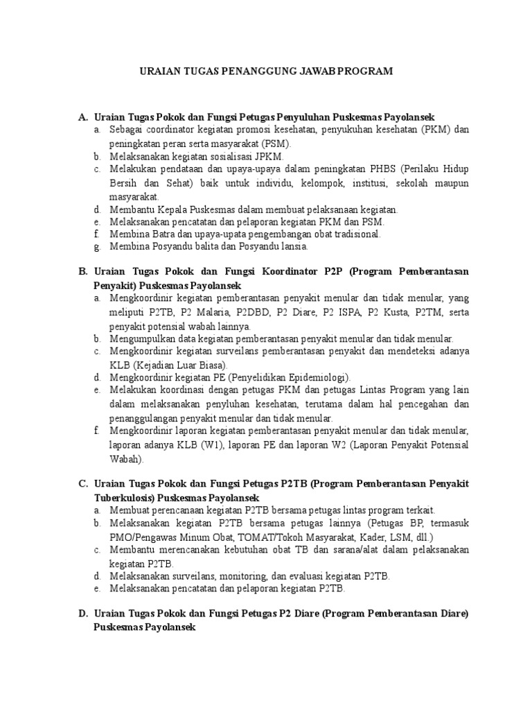 Uraian Tugas Penanggung Jawab Program PDF | PDF | Pengembangan Diri | Kesehatan Holistik