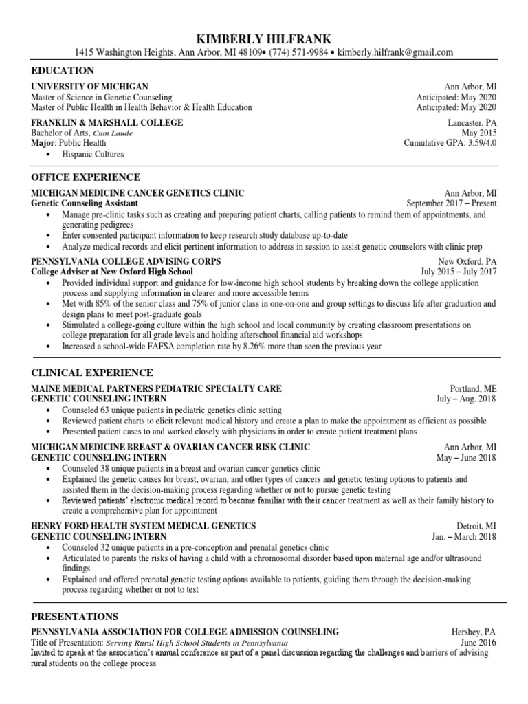 Resume For 601 | PDF | Genetic Counseling | Medical Specialties