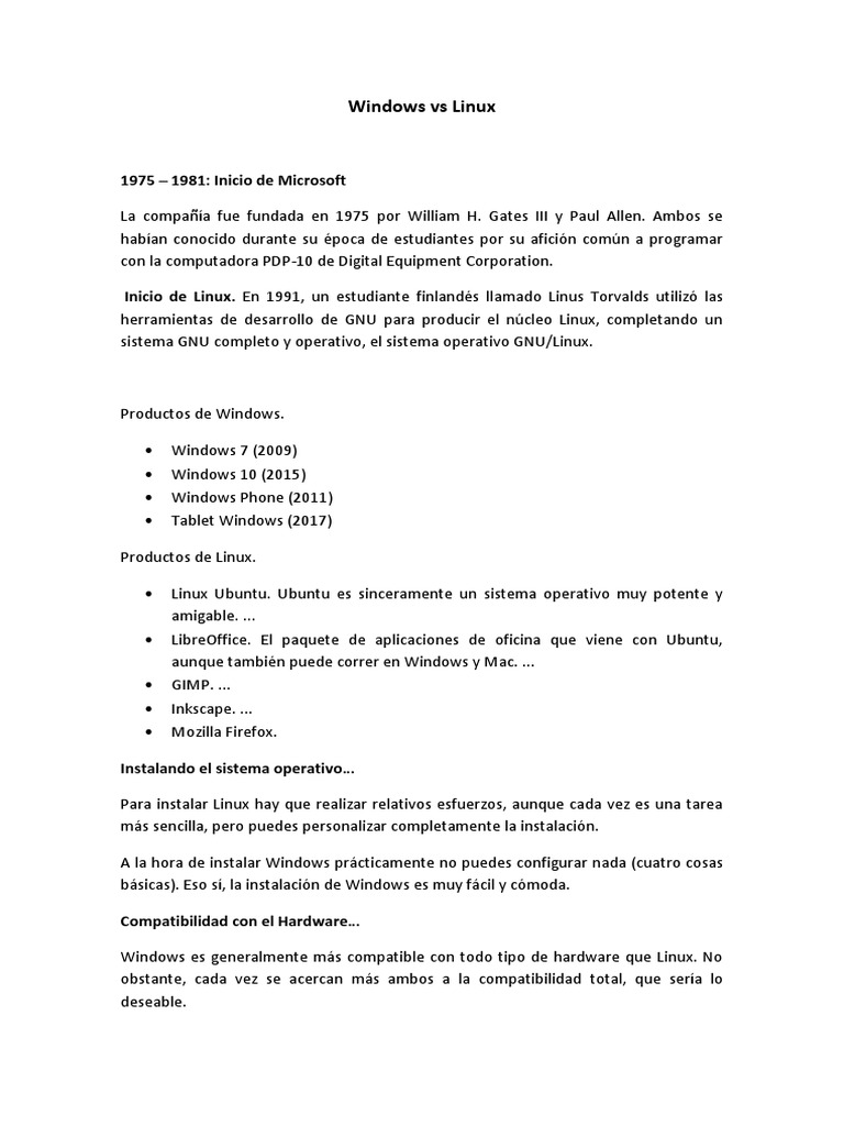 Comparativa: Windows vs Linux | PDF | Ubuntu (sistema operativo ...