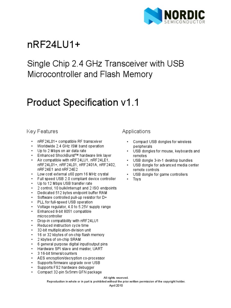nRF24LU1 - Nordic | PDF | Flash Memory | Usb
