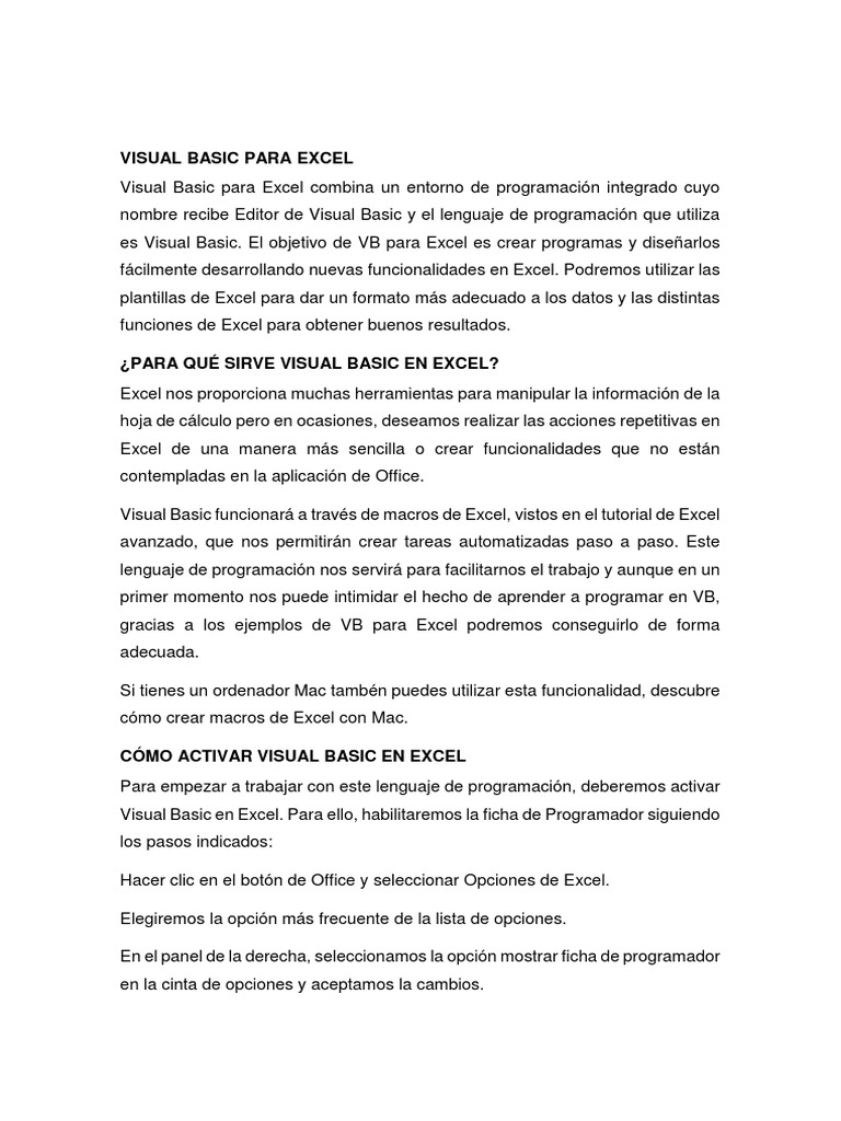 Visual Basic en Excel: Guía Completa | PDF | Básico | Microsoft Excel