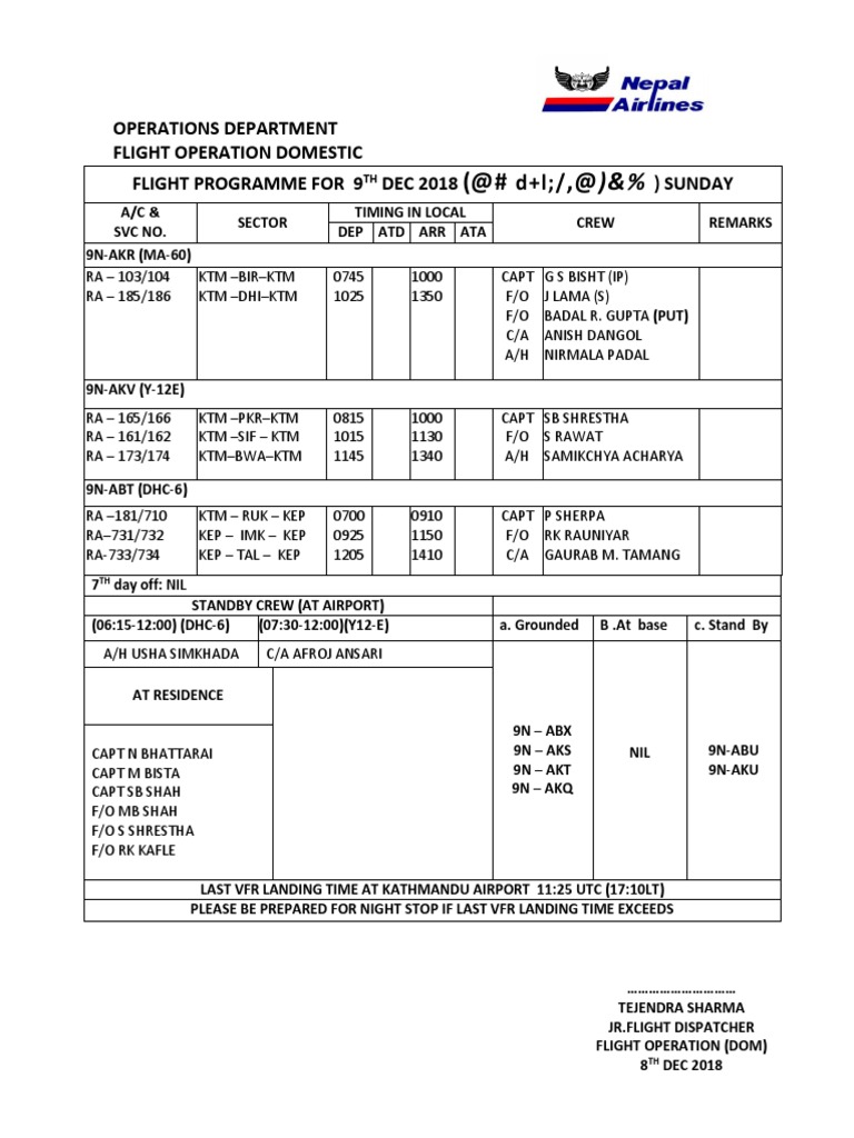 Operations Department Flight Operation Domestic Flight Programme For 9 ...