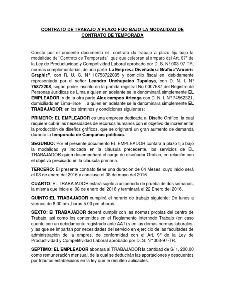 Contrato de Trabajo A Plazo Fijo Bajo La Modalidad de Contrato de Temporada | PDF | Derecho ...