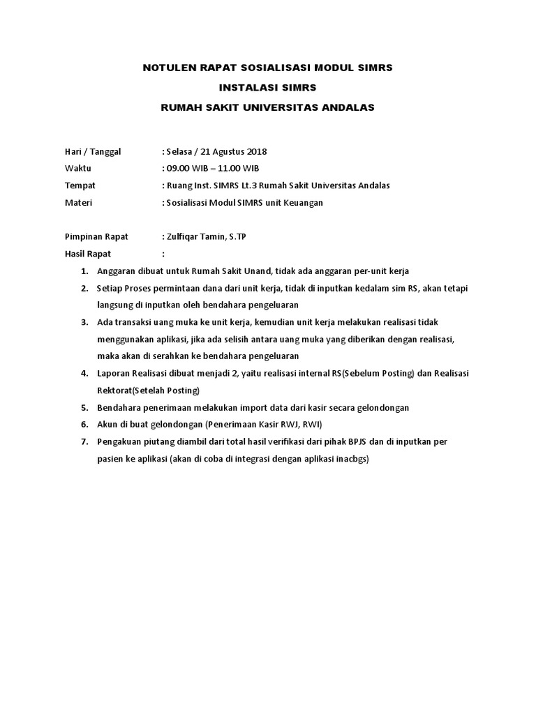 Notulen Rapat Sosialisasi Modul Simrs | PDF