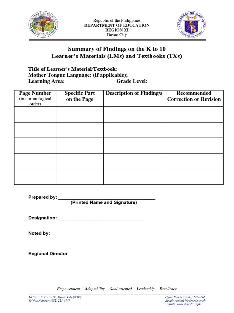 Template - Summary of Findings On The K To 10 LMs and TXs | PDF
