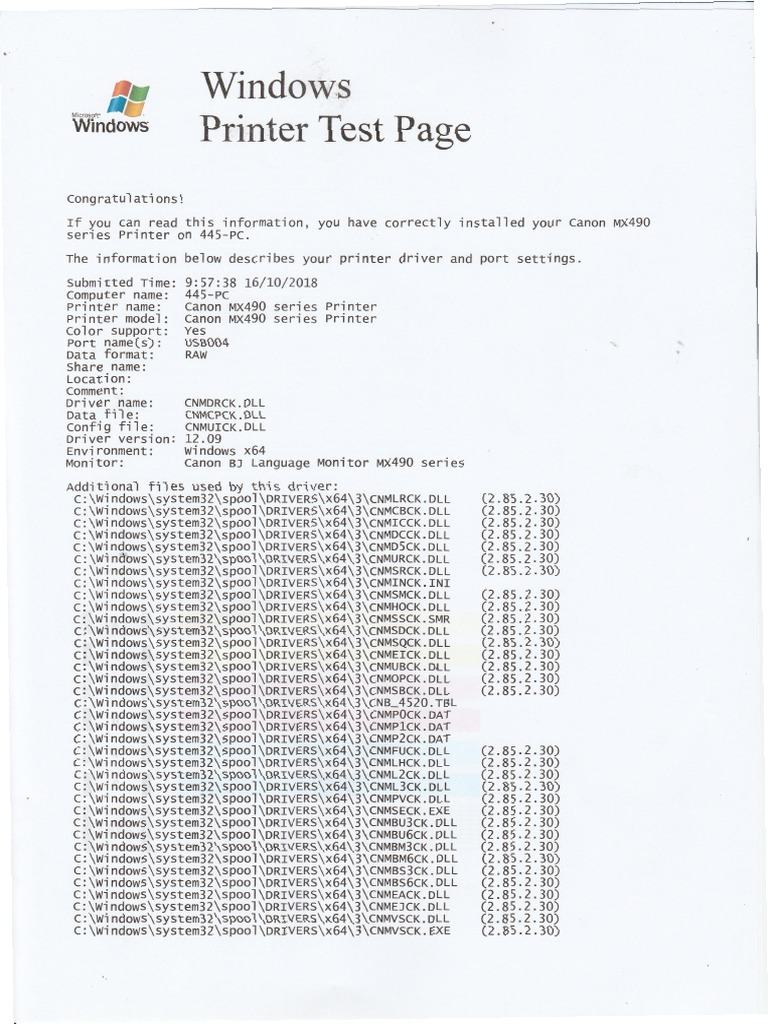 Canon MX490 Printer Installation Test Page | PDF | Microsoft Software ...