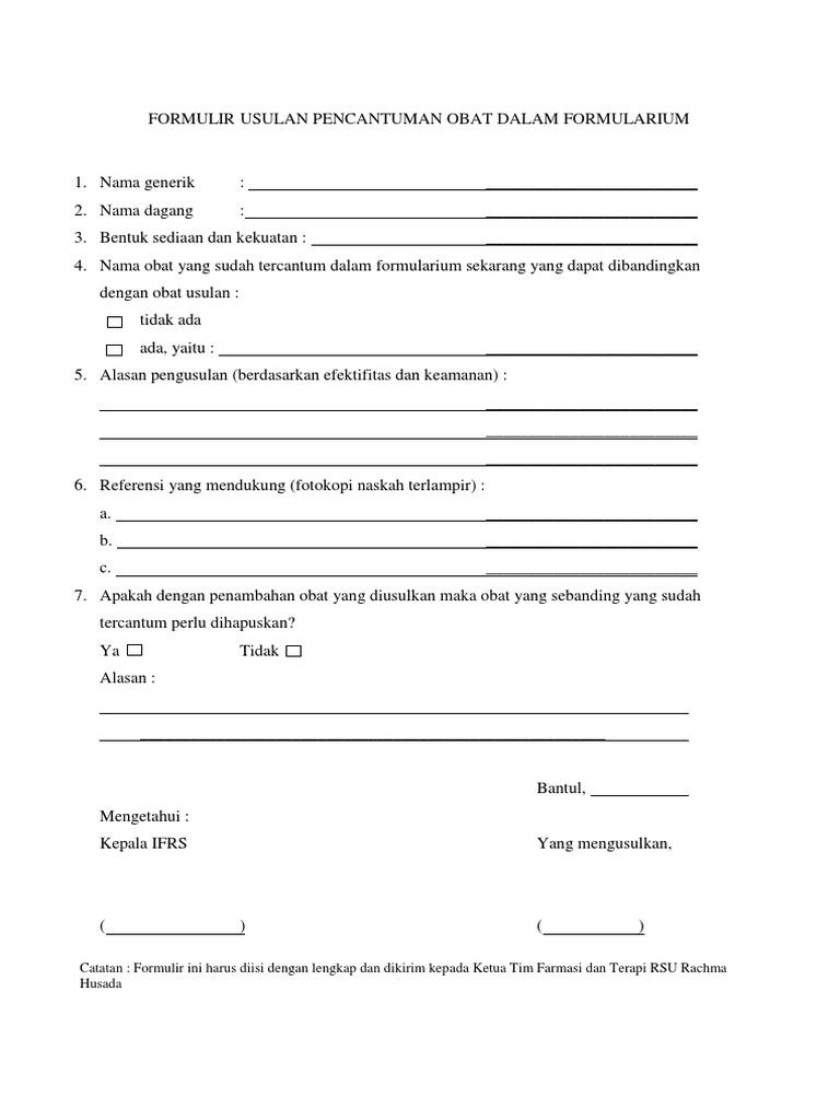 Formulir Usulan Pencantuman Obat Dalam Formularium Pdf