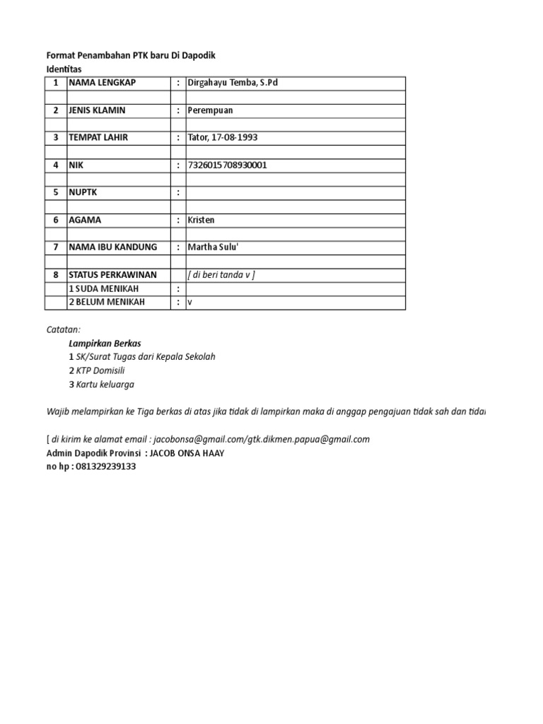 Format Penambahan PTK Baru Aplikasi Dapodikdasmen 2019 | PDF