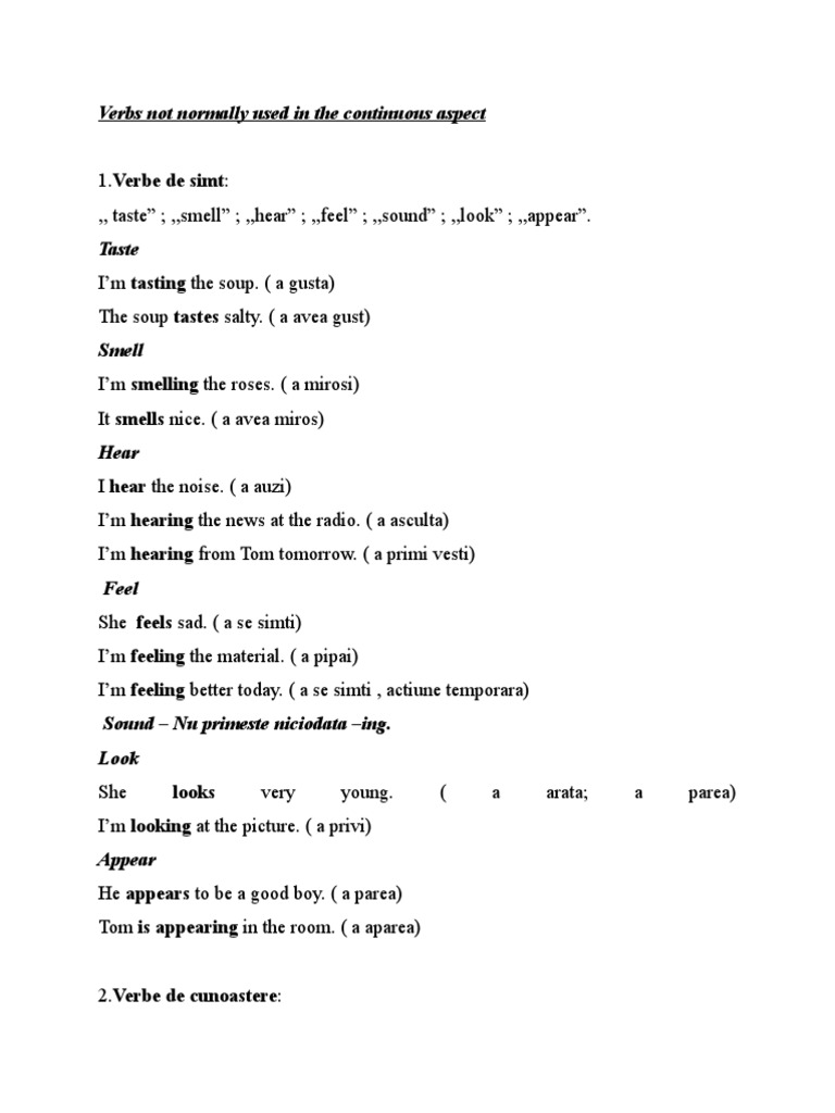 Verbs Not Normally Used in The Continuous Aspect | PDF | Grammar