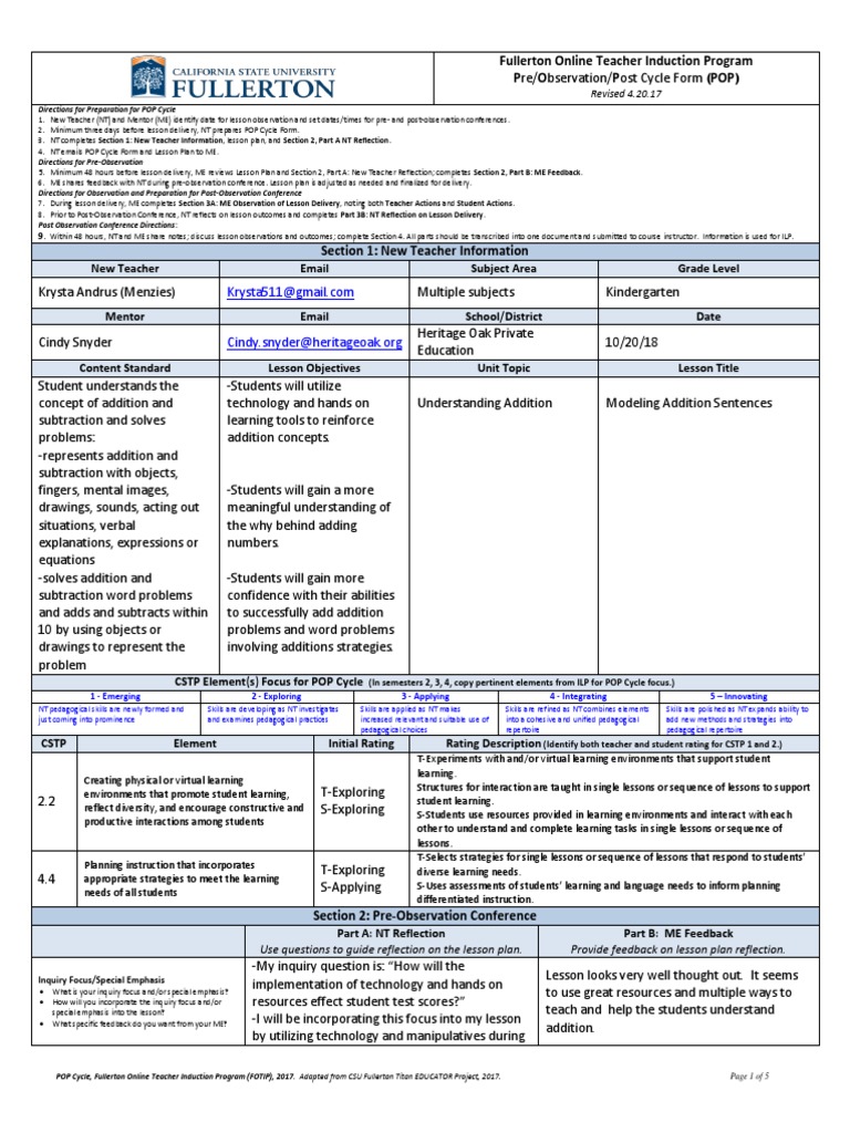 Fullerton Teacher Induction POP Cycle Guide | PDF | Differentiated ...