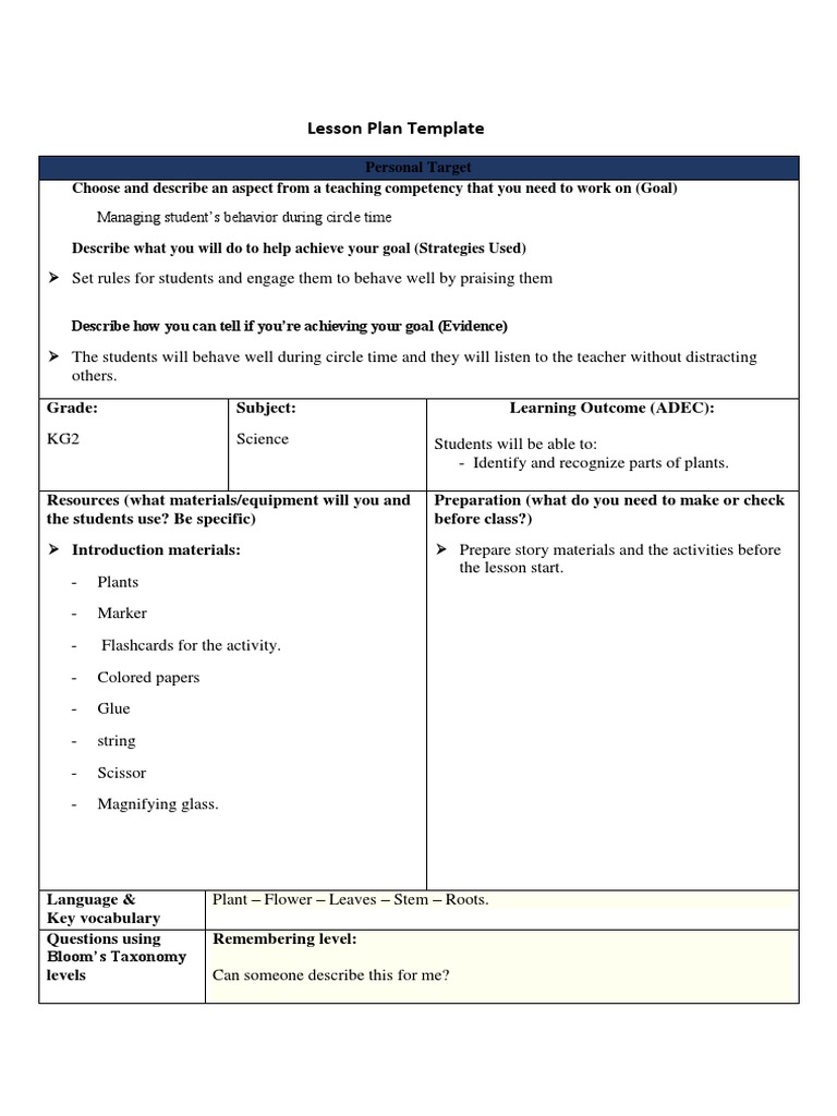 Lesson Plan Template: Managing Student's Behavior During Circle Time ...