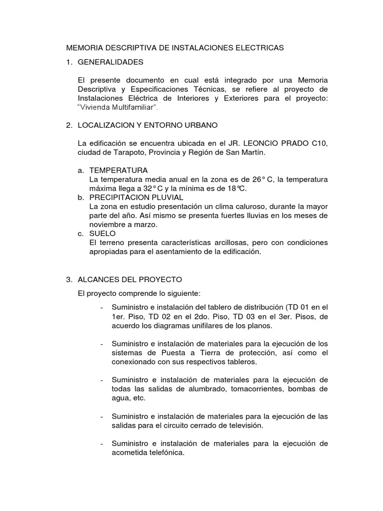 Memoria Descriptiva de Instalaciones Electricas | PDF | Aluminio | Cobre