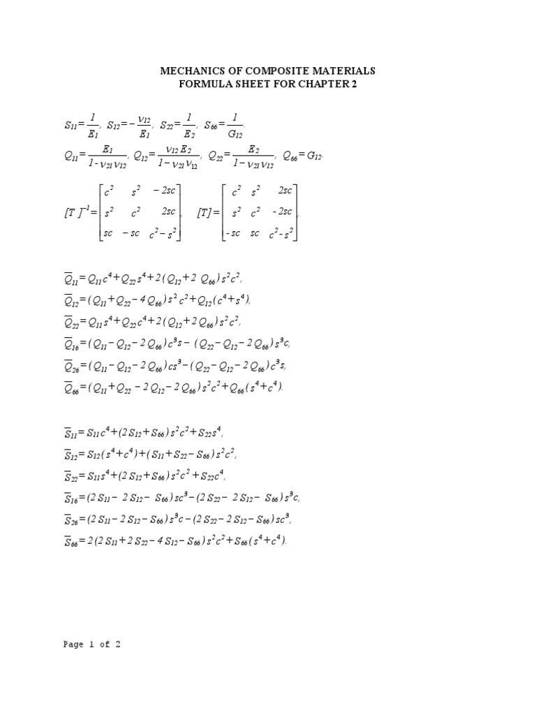 Mechanics of Composite Materials Formula Sheet For Chapter 2 | PDF ...
