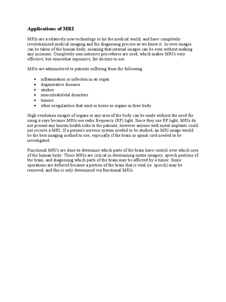 Applications of MRI | PDF | Magnetic Resonance Imaging | Medical Imaging