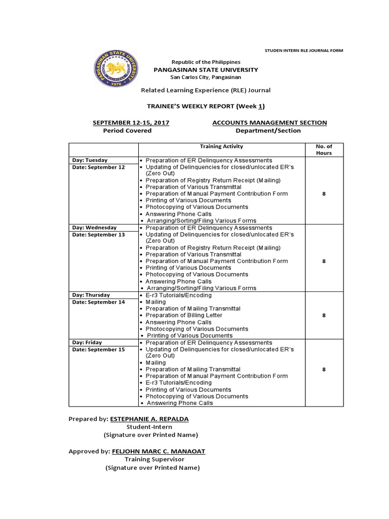 Pangasinan State University: Related Learning Experience (RLE) Journal ...
