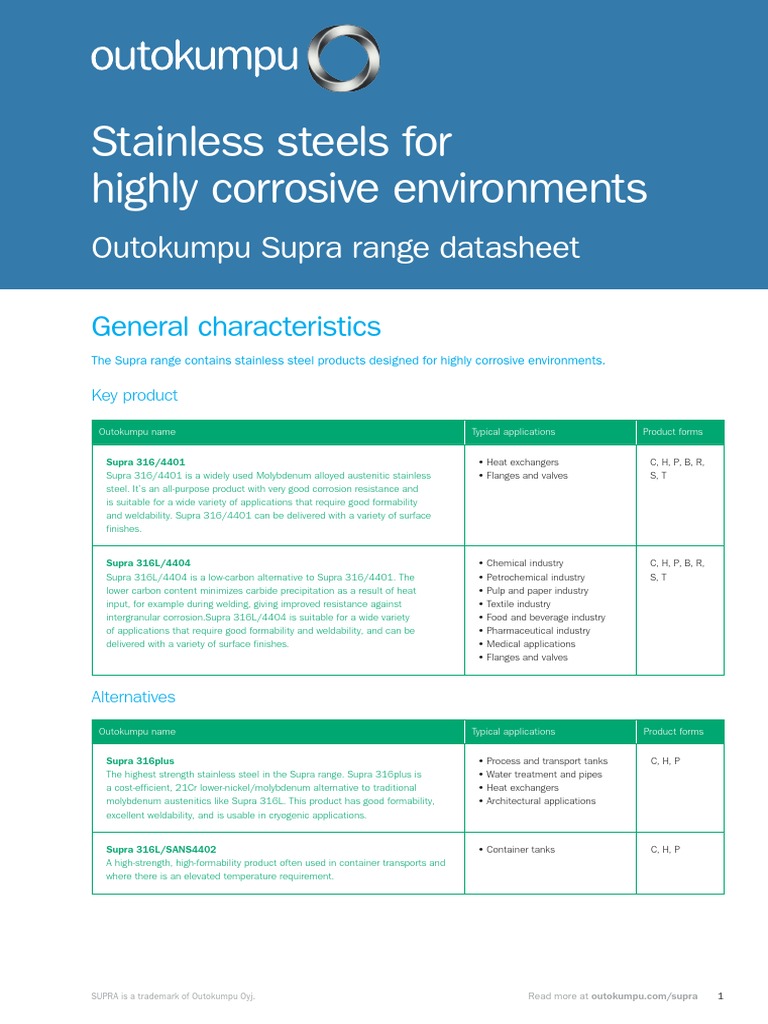Outokumpu Supra Range Datasheet | PDF | Stainless Steel | Corrosion