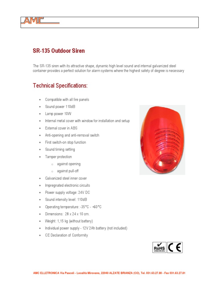 SR-135 Outdoor Siren: Technical Specifications | PDF