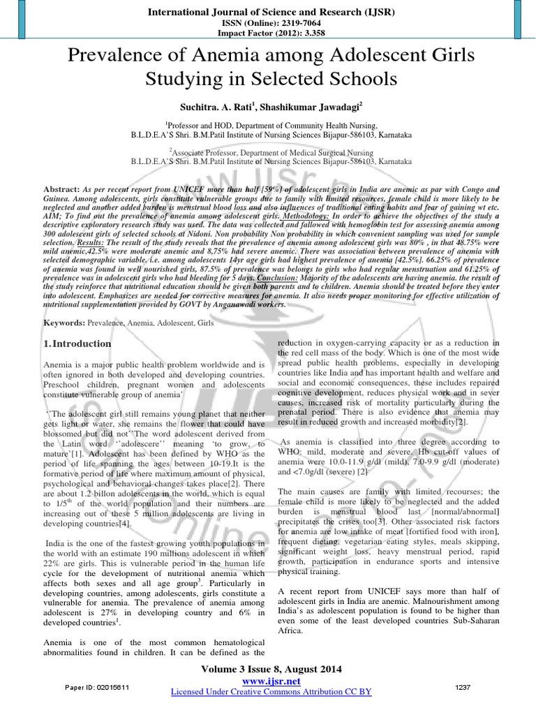 Prevalence of Anemia Among Adolescent Girls | PDF | Anemia | Pregnancy
