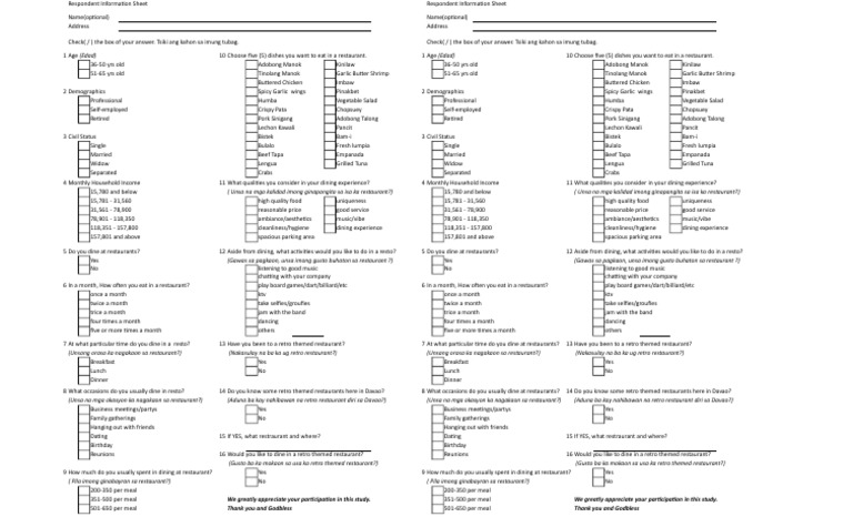 200 Survey | PDF | Dinner | Restaurants