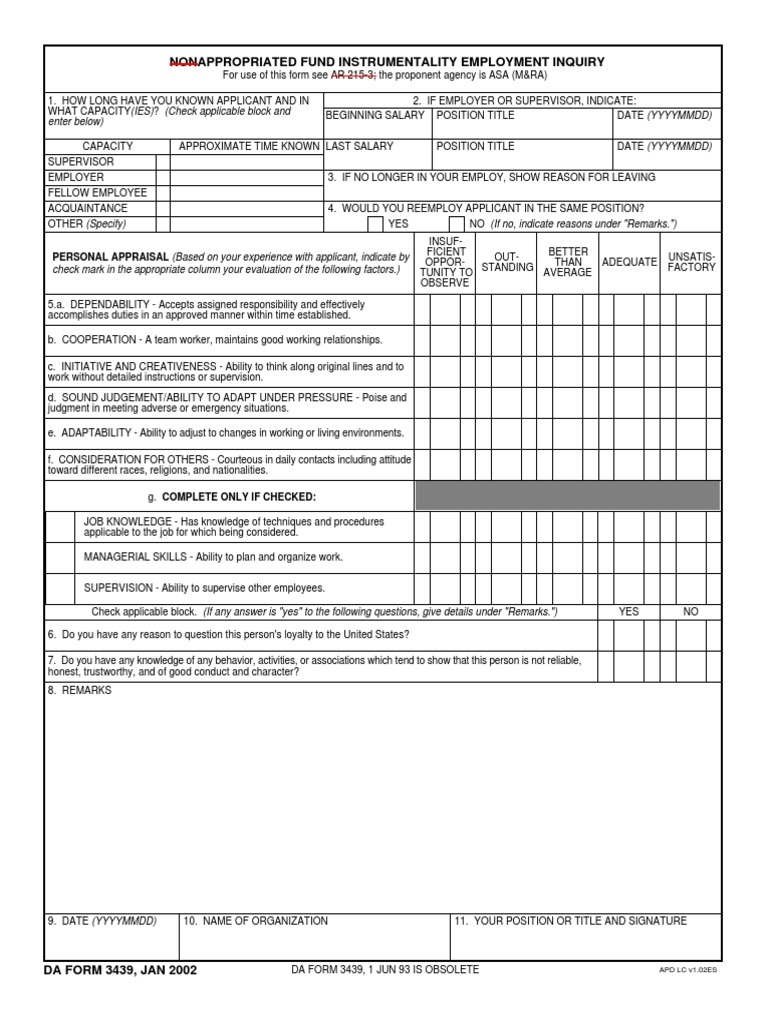 DA Form 3439 | PDF | Performance Appraisal | Employment